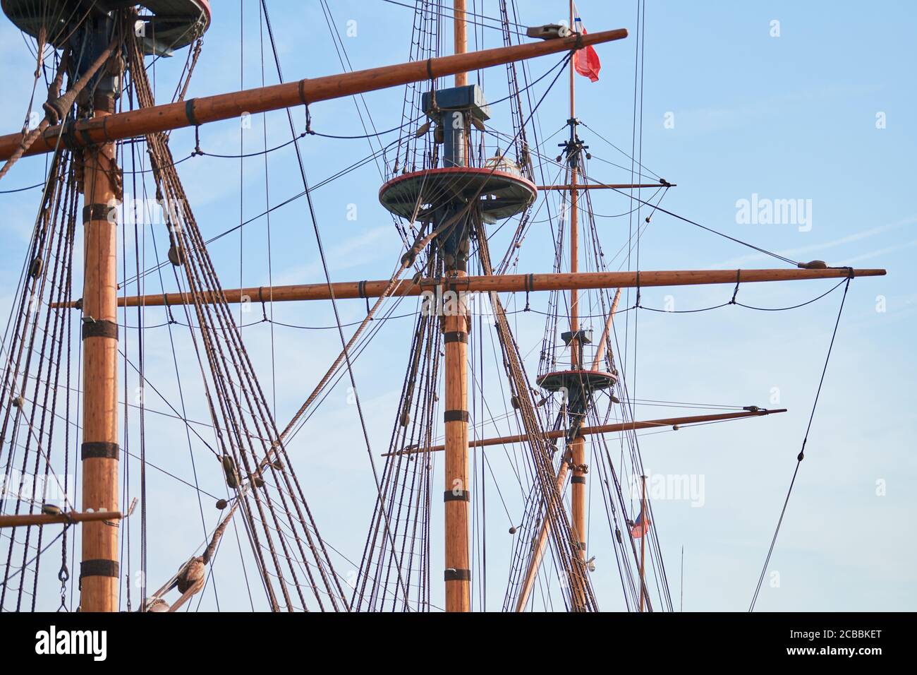 Sailing mast of ship. Sailing vessel main topgallant mast with crows ...
