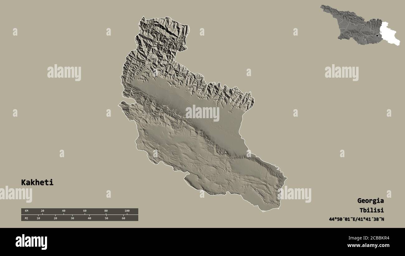 Shape of Kakheti, region of Georgia, with its capital isolated on solid ...