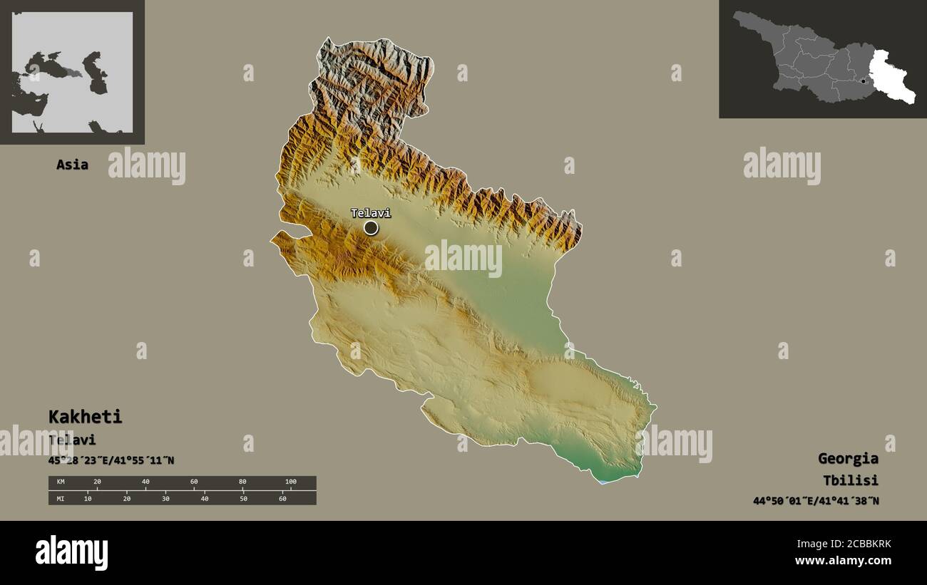 Shape of Kakheti, region of Georgia, and its capital. Distance scale ...