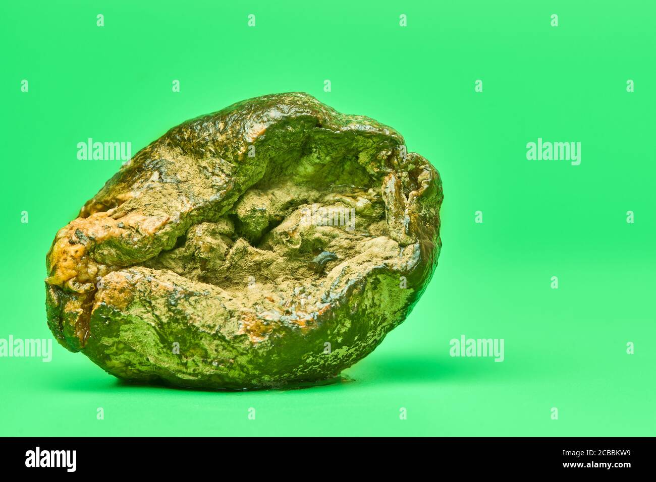 Rotten lemon, green background. Mold putrefied fruit yellow and green ...