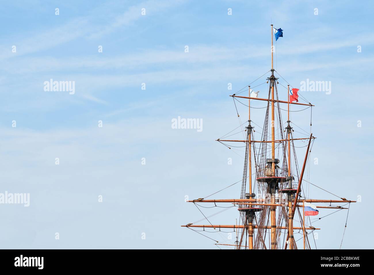 Sailing mast of ship, copy space. Sailing vessel main topgallant mast ...