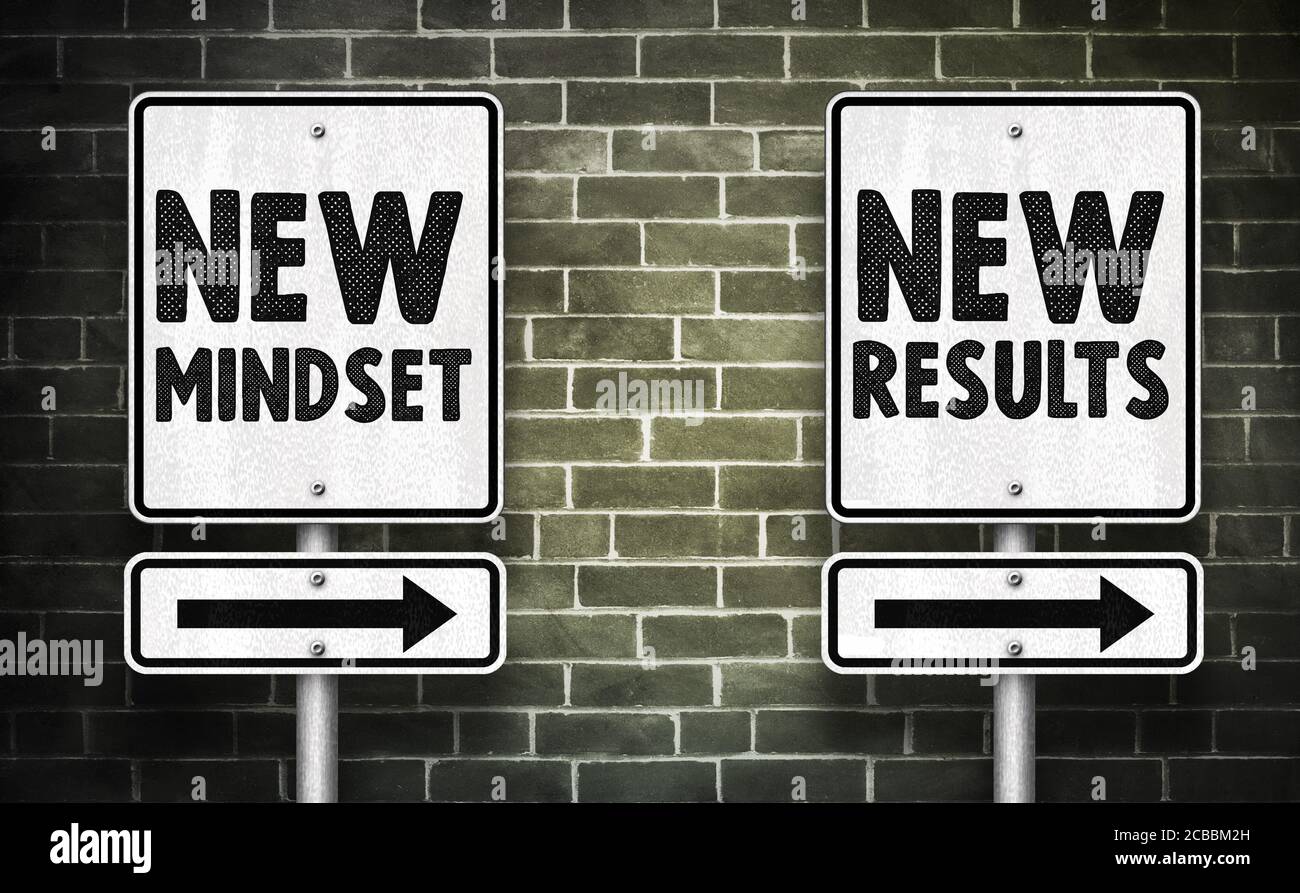 New Mindset and New Results - road sign message Stock Photo - Alamy