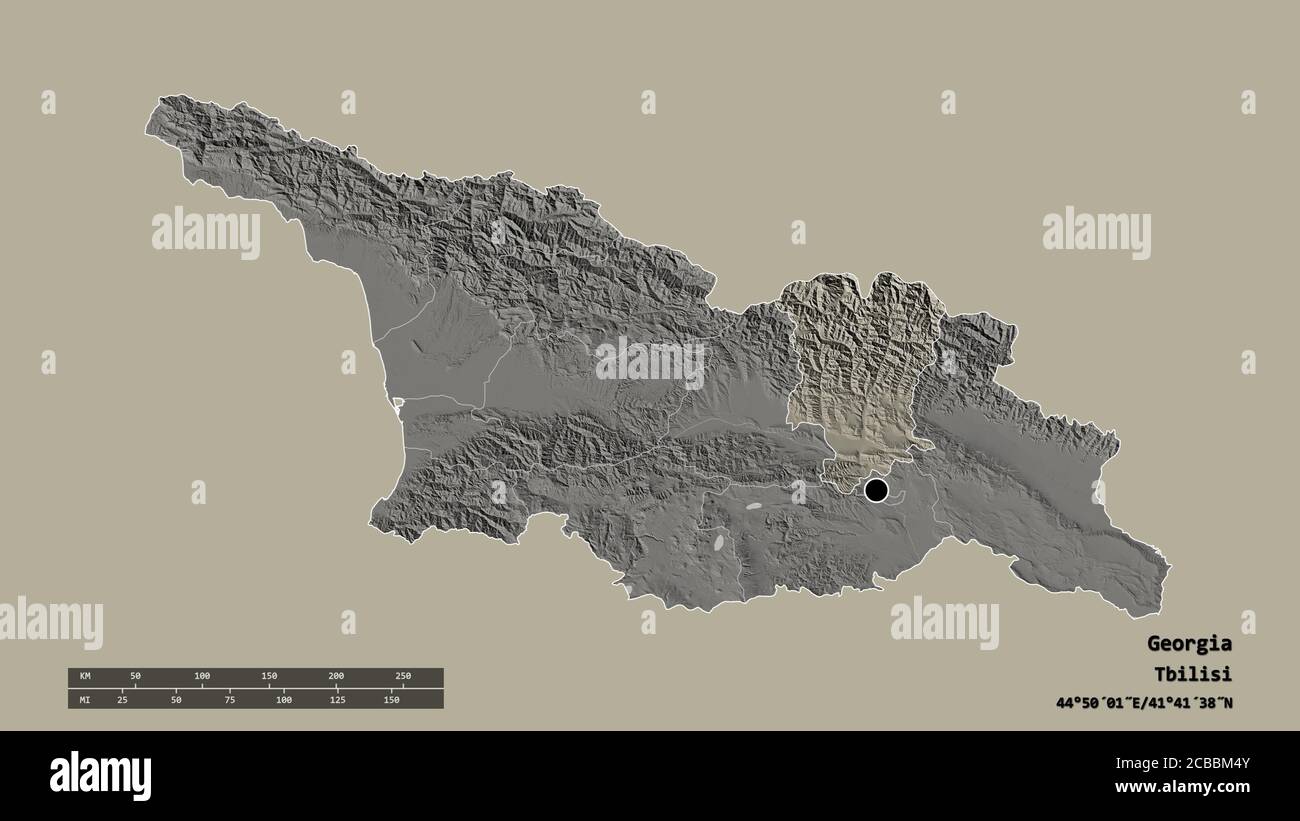 Desaturated shape of Georgia with its capital, main regional division ...
