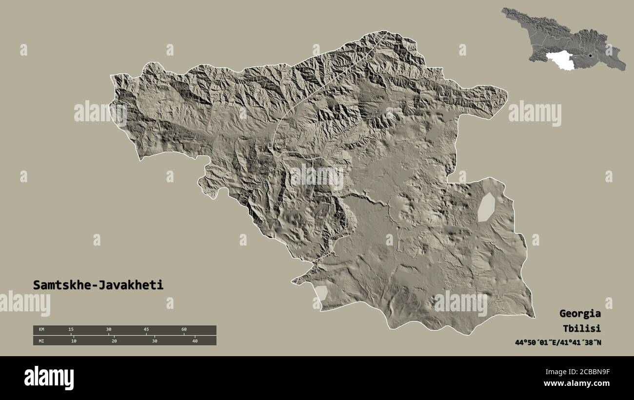 Shape of Samtskhe-Javakheti, region of Georgia, with its capital isolated on solid background ...