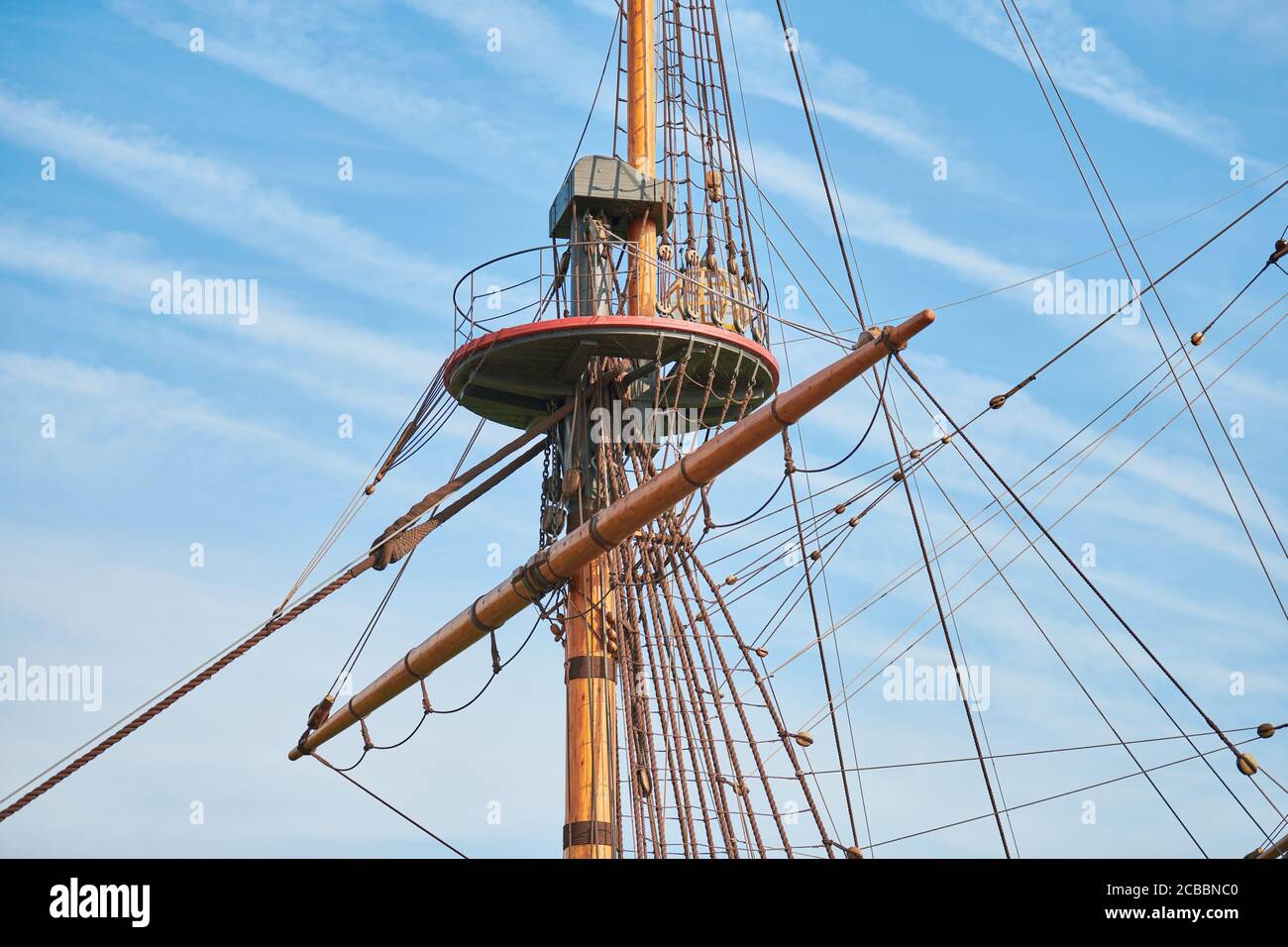 Sailing mast of ship. Sailing vessel main topgallant mast with crows ...