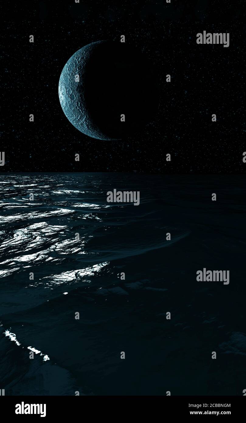 moonlight night landscape reflection in water. Night scene background ...