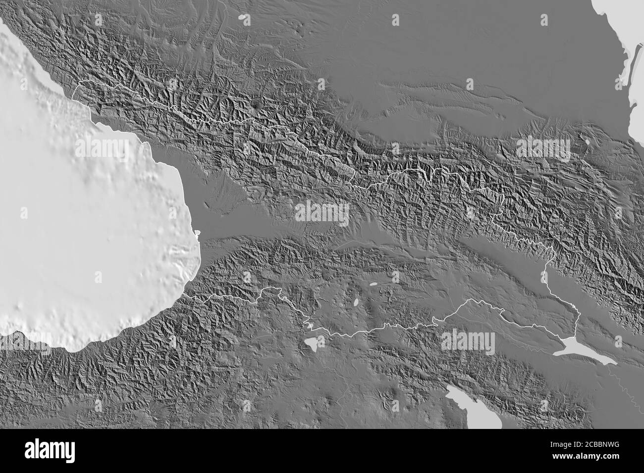 Extended area of outlined Georgia. Bilevel elevation map. 3D rendering ...