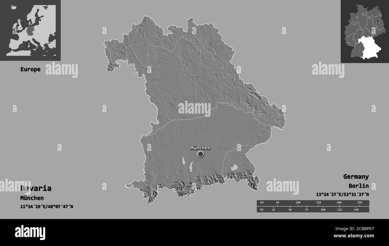 Shape of Bavaria, state of Germany, and its capital. Distance scale ...