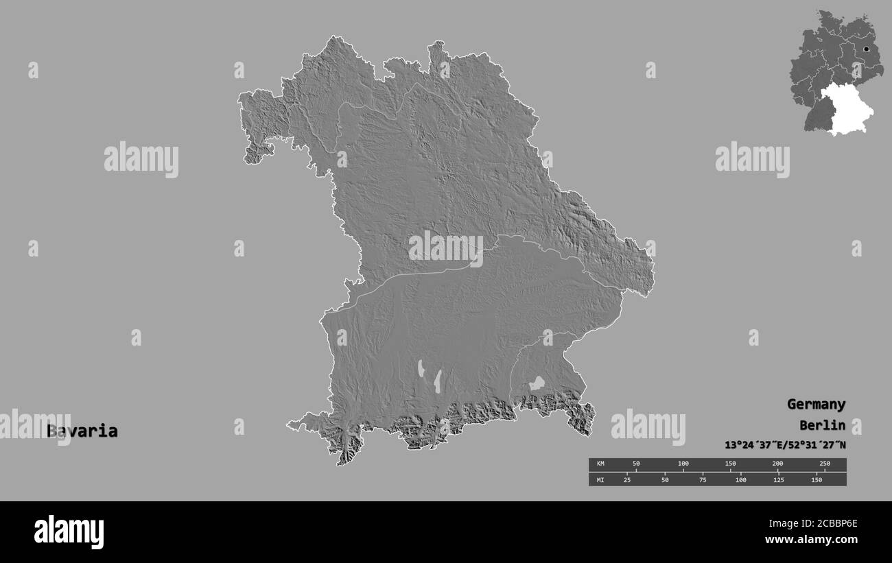 Shape of Bavaria, state of Germany, with its capital isolated on solid ...
