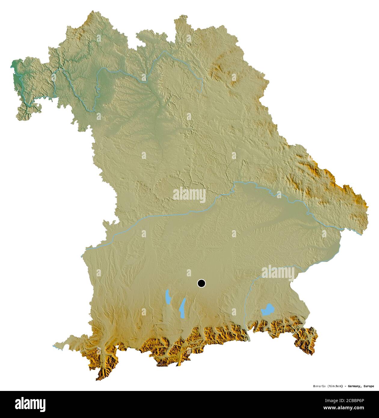 Shape of Bavaria, state of Germany, with its capital isolated on white ...