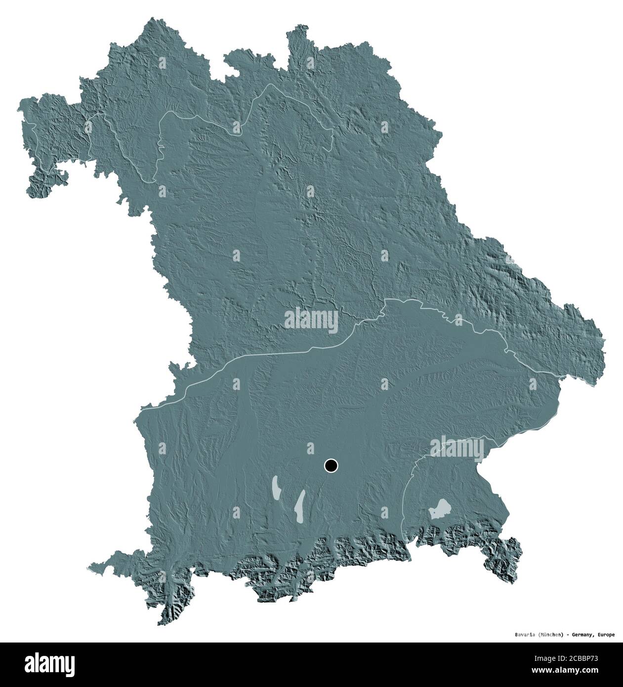 Shape of Bavaria, state of Germany, with its capital isolated on white ...