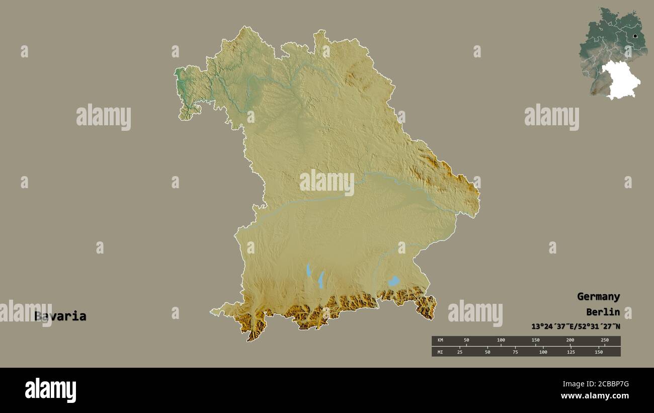 Shape of Bavaria, state of Germany, with its capital isolated on solid ...