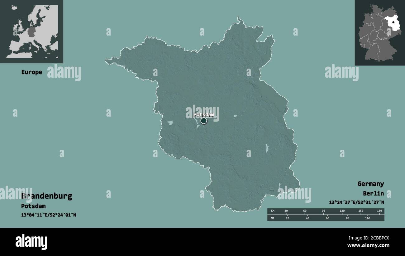 Shape of Brandenburg, state of Germany, and its capital. Distance scale ...