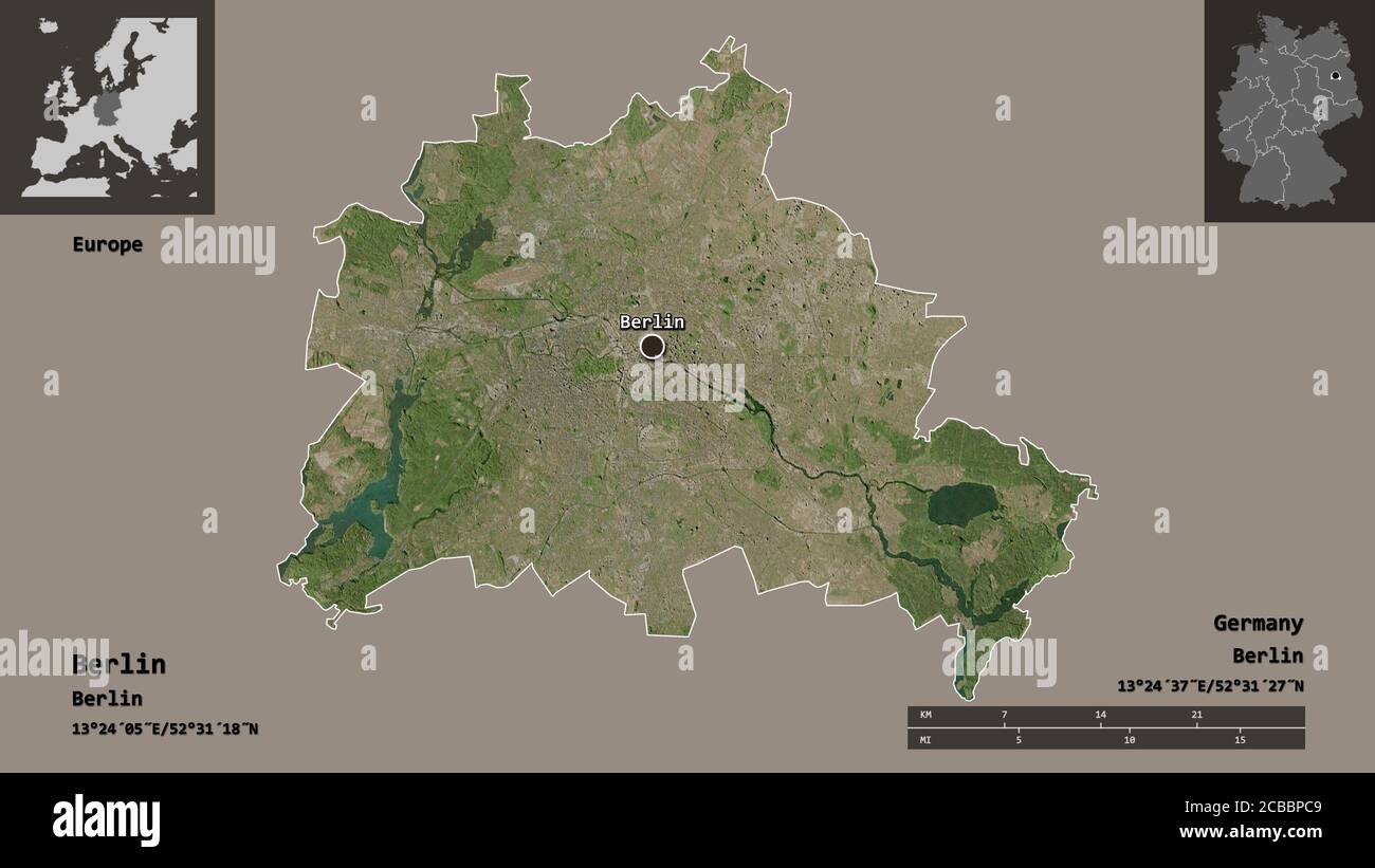 Shape of Berlin, state of Germany, and its capital. Distance scale ...