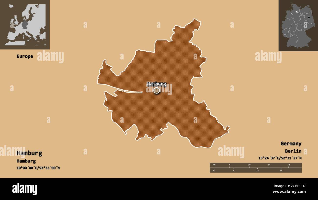 Shape of Hamburg, state of Germany, and its capital. Distance scale ...