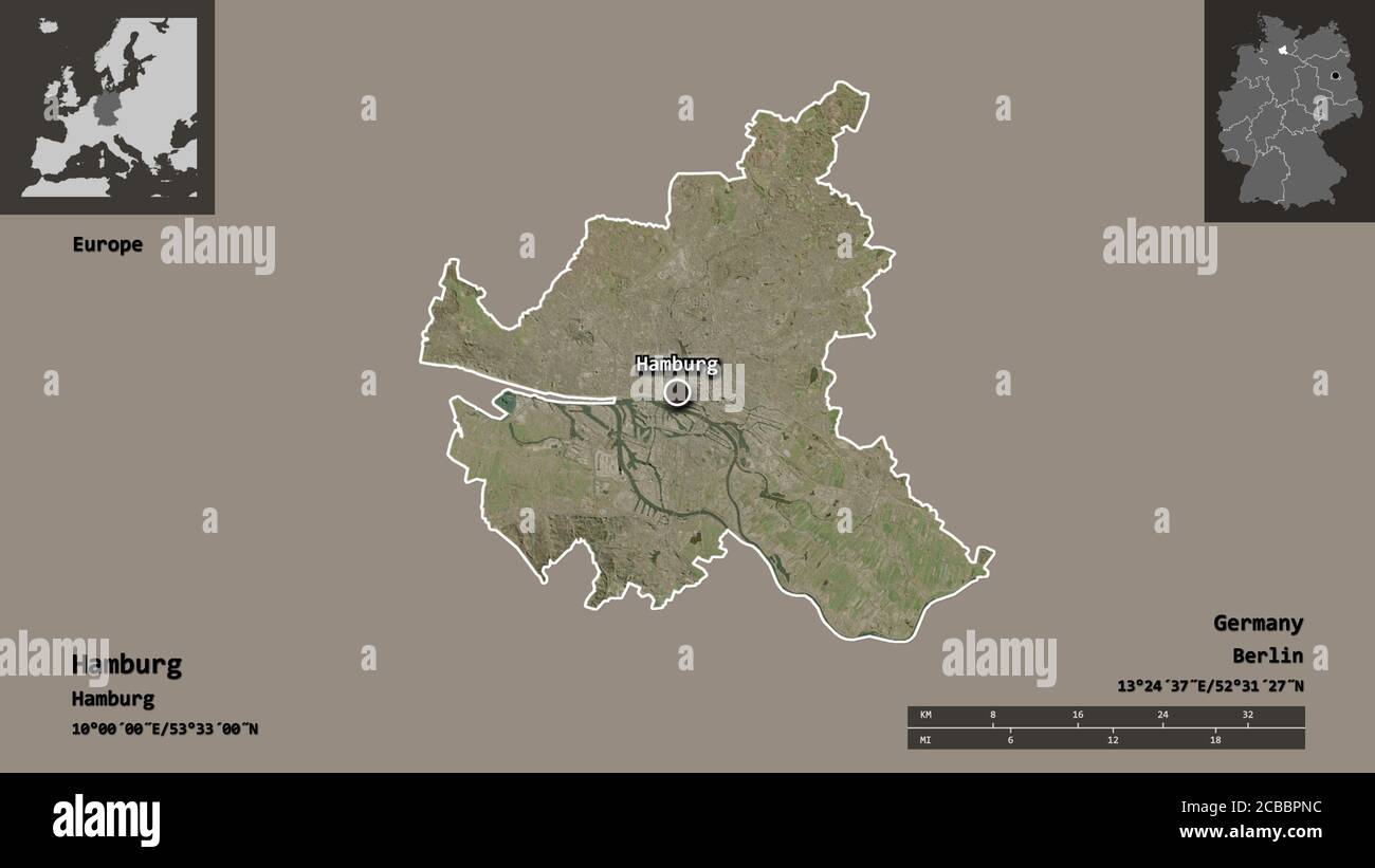 Shape of Hamburg, state of Germany, and its capital. Distance scale ...