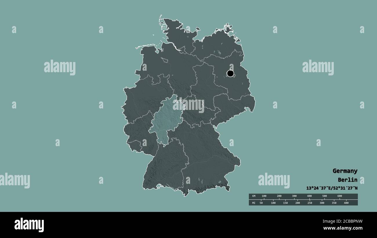 Desaturated shape of Germany with its capital, main regional division ...