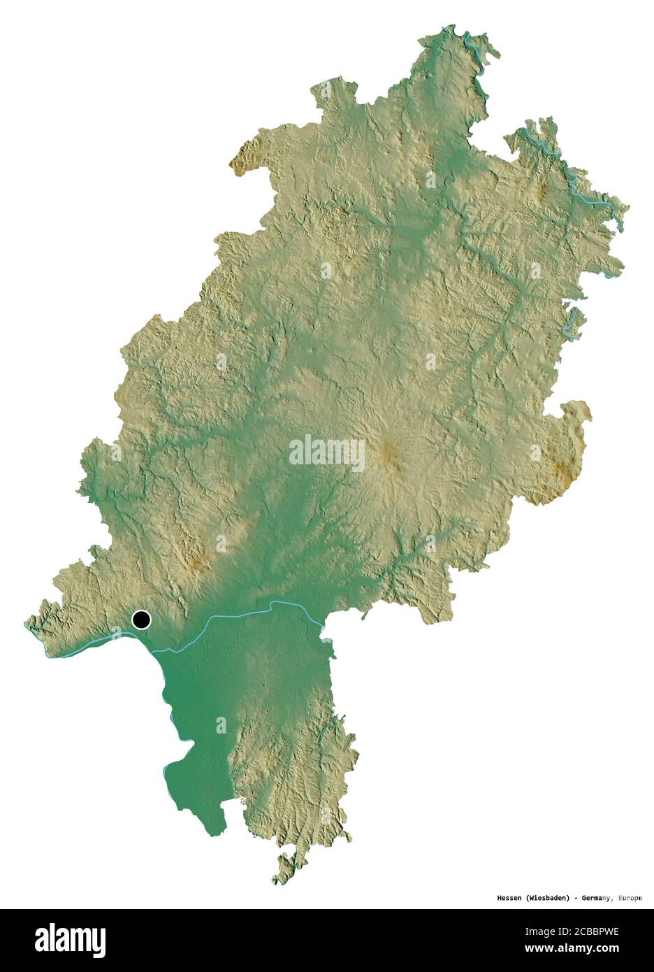 Shape of Hessen, state of Germany, with its capital isolated on white ...