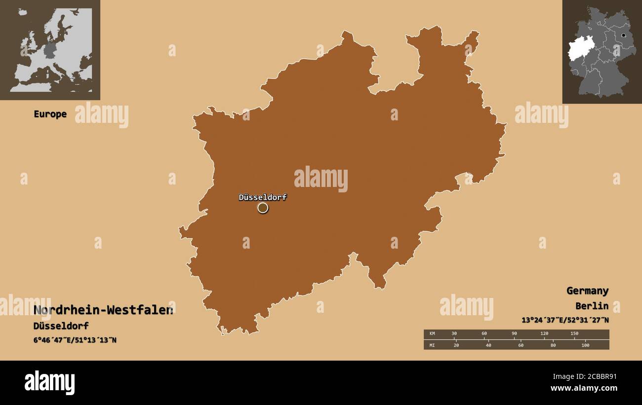 Shape of Nordrhein-Westfalen, state of Germany, and its capital ...