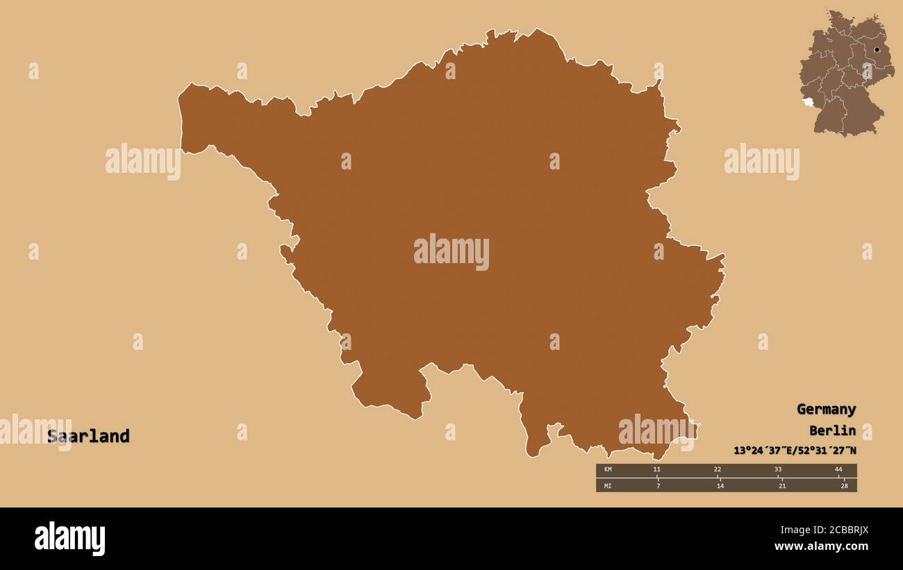 Shape of Saarland, state of Germany, with its capital isolated on solid ...