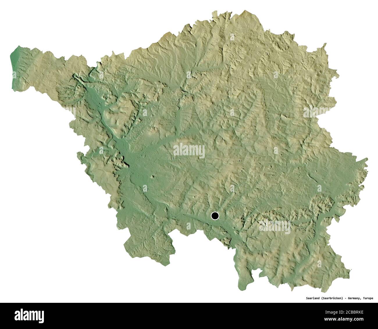 Shape of Saarland, state of Germany, with its capital isolated on white ...