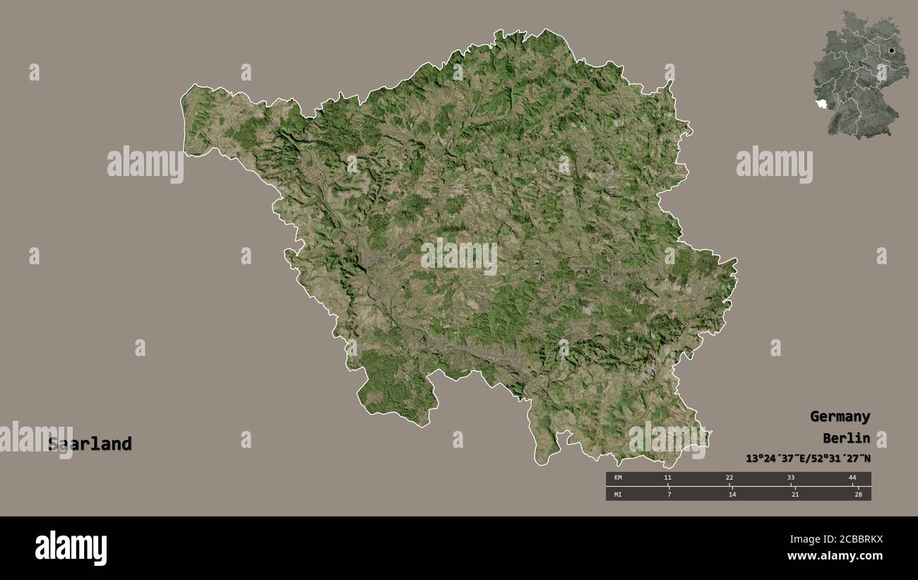 Shape of Saarland, state of Germany, with its capital isolated on solid ...