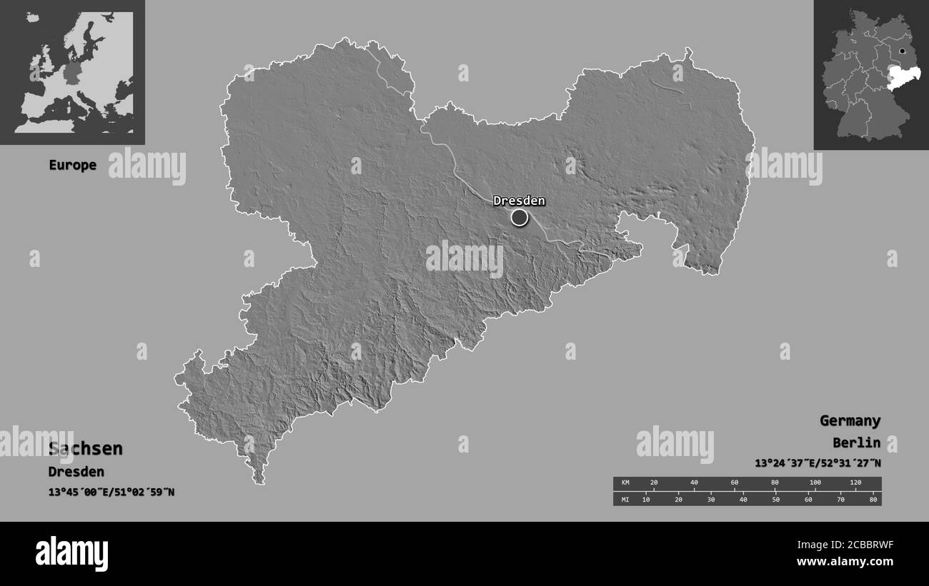 Shape of Sachsen, state of Germany, and its capital. Distance scale ...