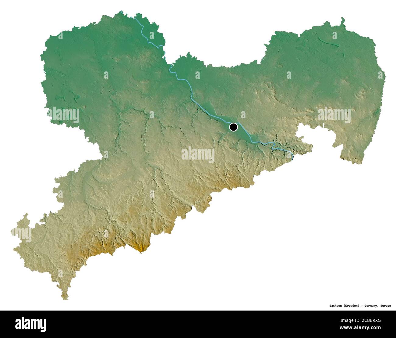 Shape of Sachsen, state of Germany, with its capital isolated on white ...