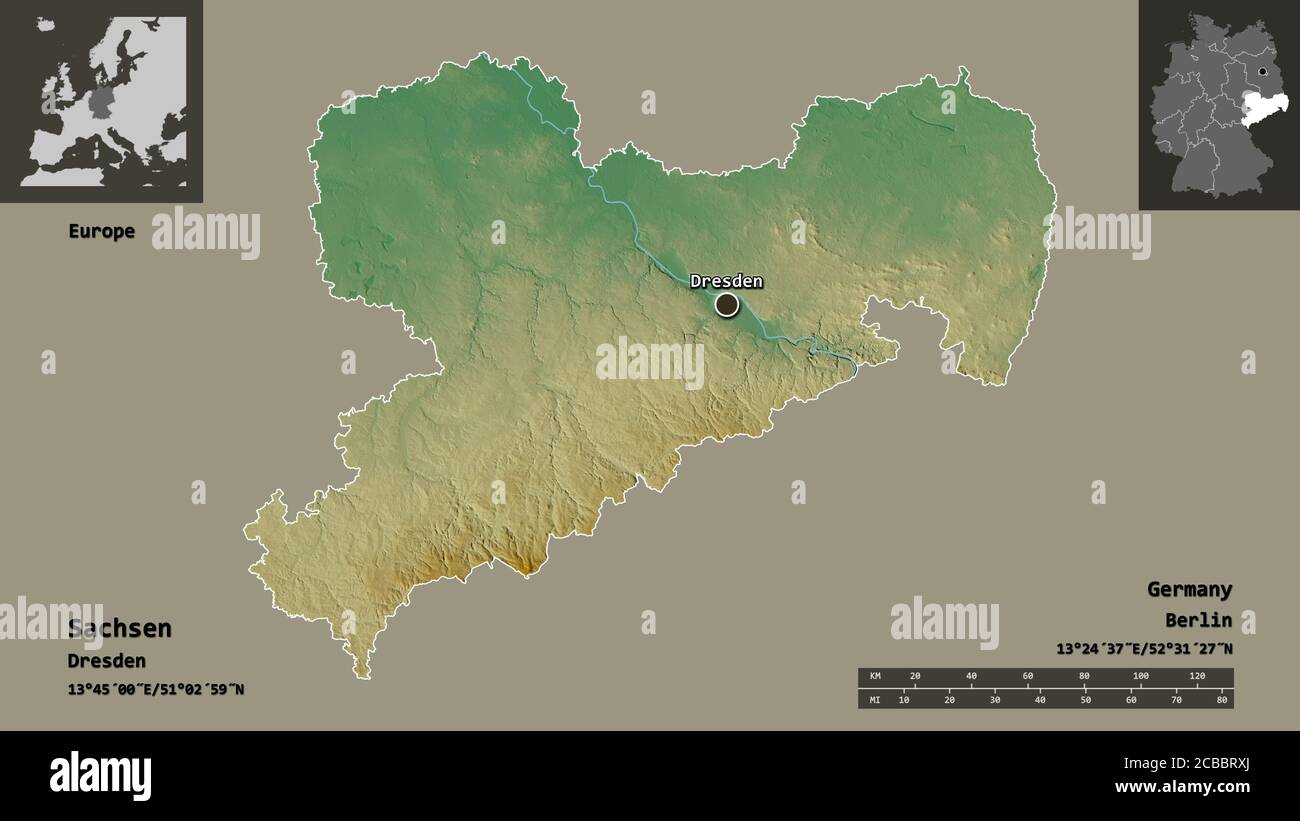 Shape of Sachsen, state of Germany, and its capital. Distance scale ...