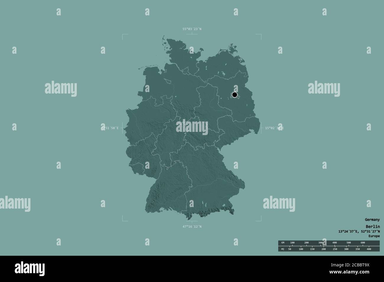 Area of Germany isolated on a solid background in a georeferenced ...