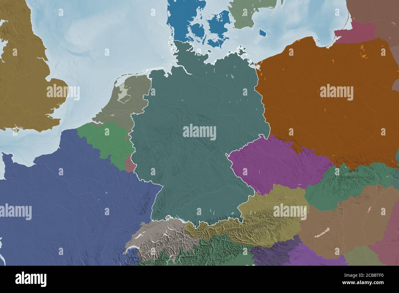 Extended area of outlined Germany. Colored elevation map. 3D rendering ...