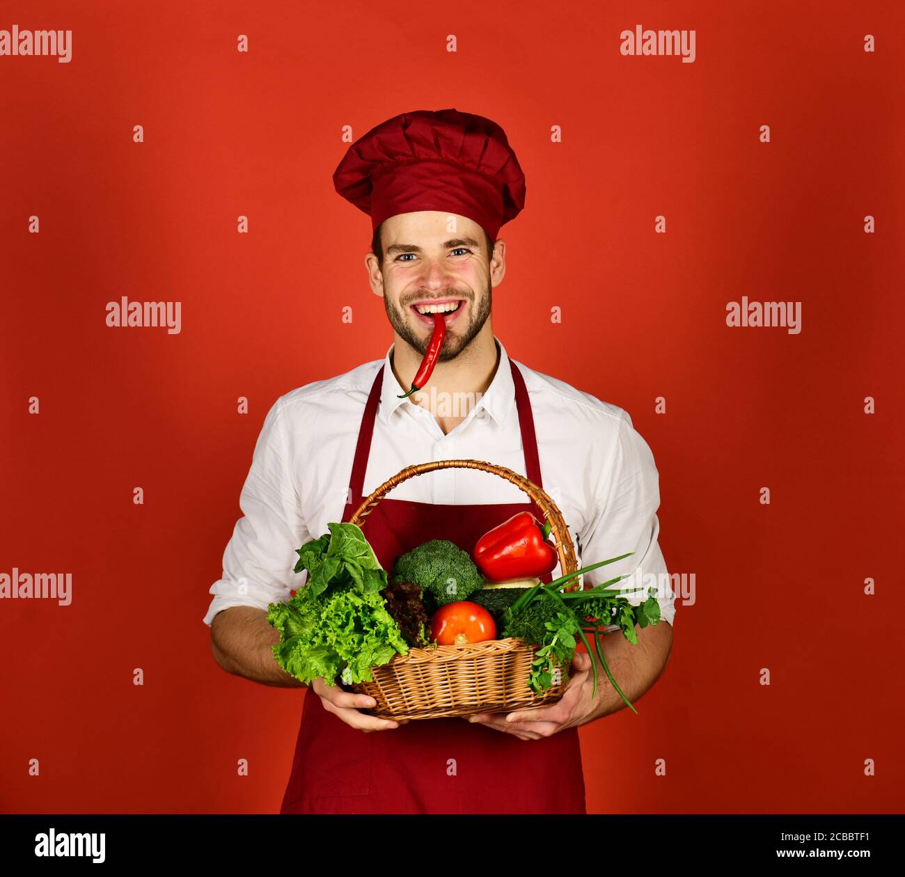 Chef in burgundy uniform holds red chili in mouth. Healthy and spicy ...