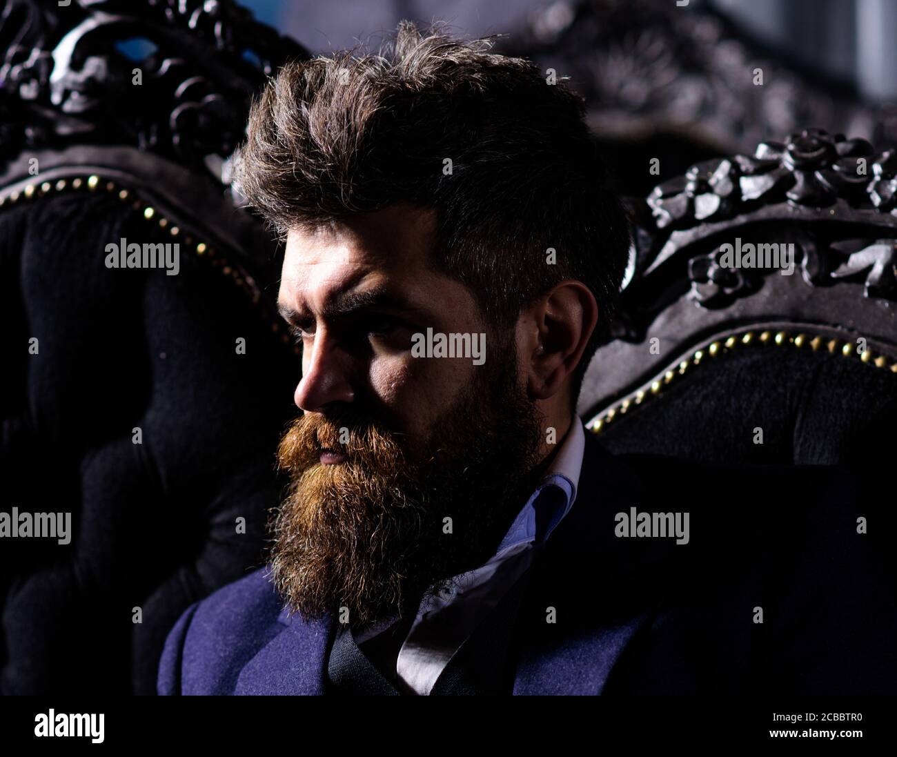 portrait of a serious man with long beard, side view Stock Photo - Alamy