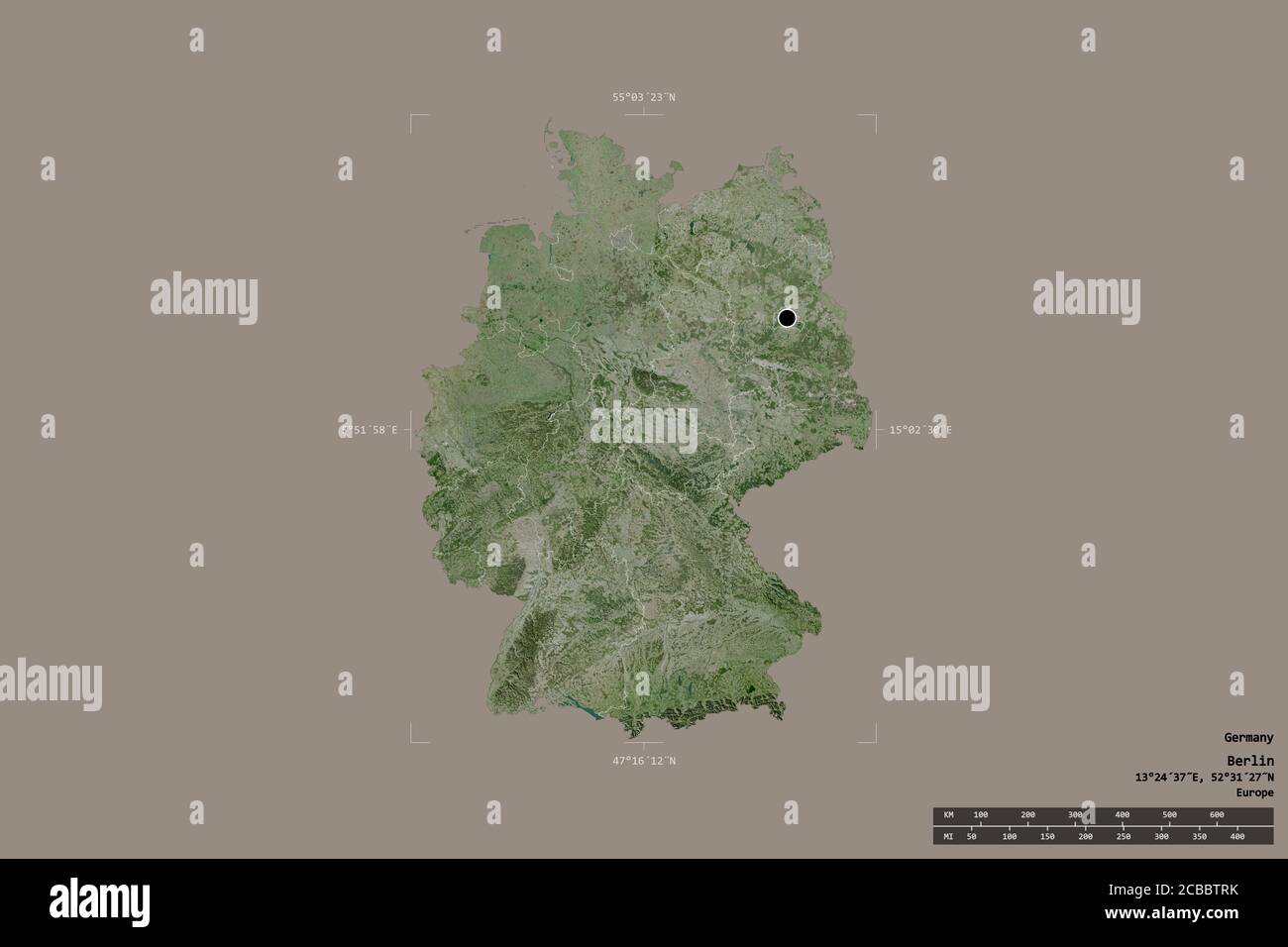 Area of Germany isolated on a solid background in a georeferenced ...