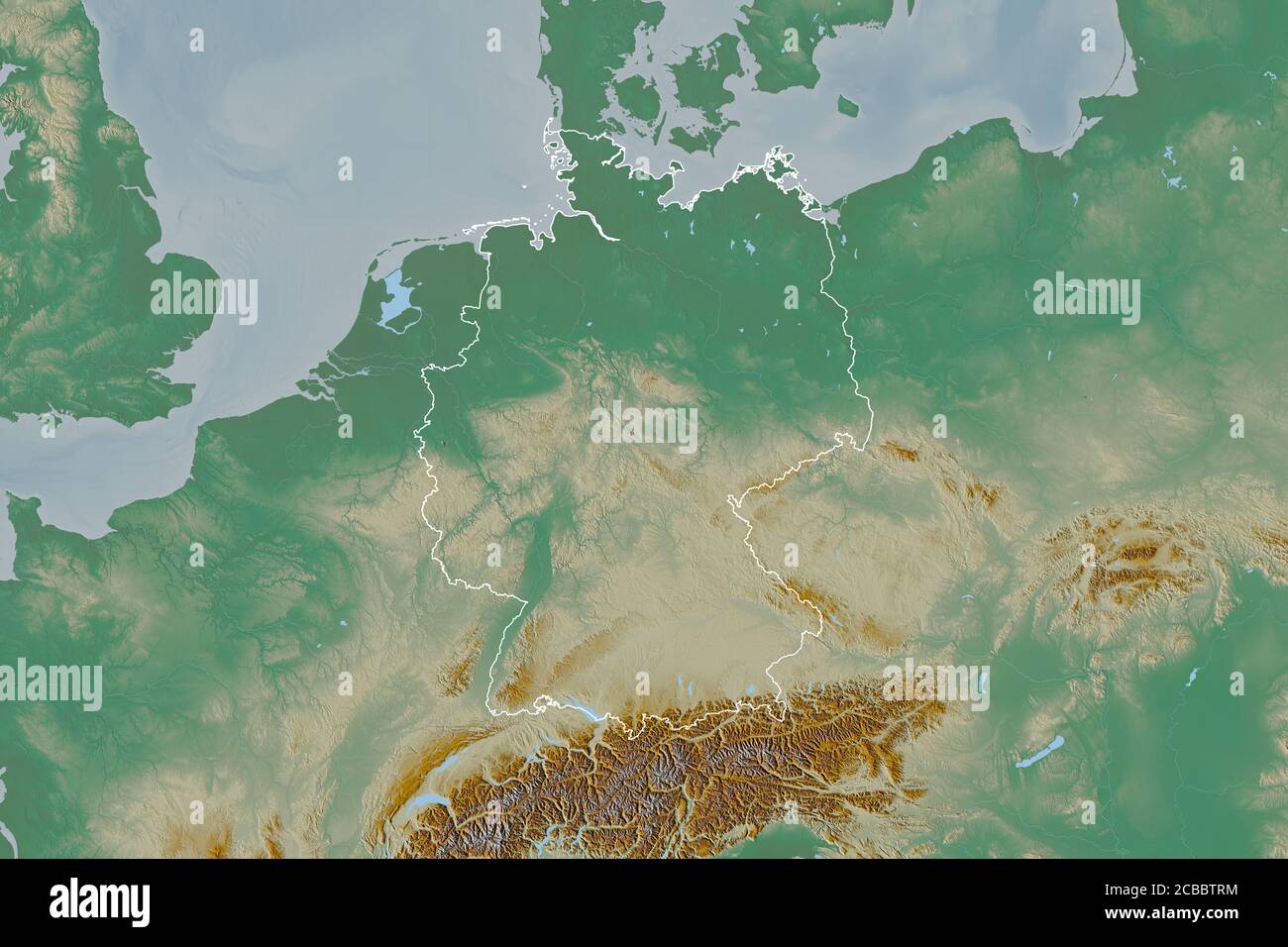 Extended area of outlined Germany. Topographic relief map. 3D rendering ...
