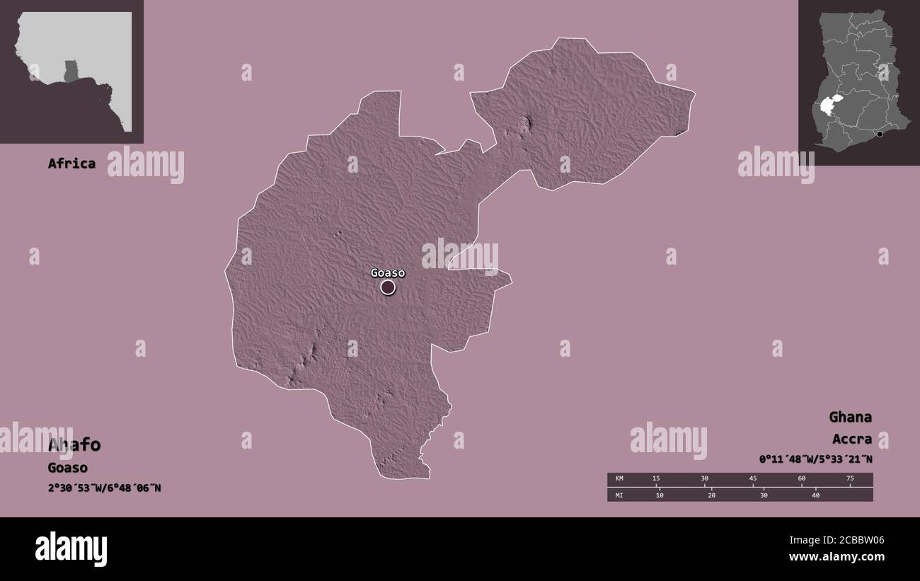 Shape of Ahafo, region of Ghana, and its capital. Distance scale ...