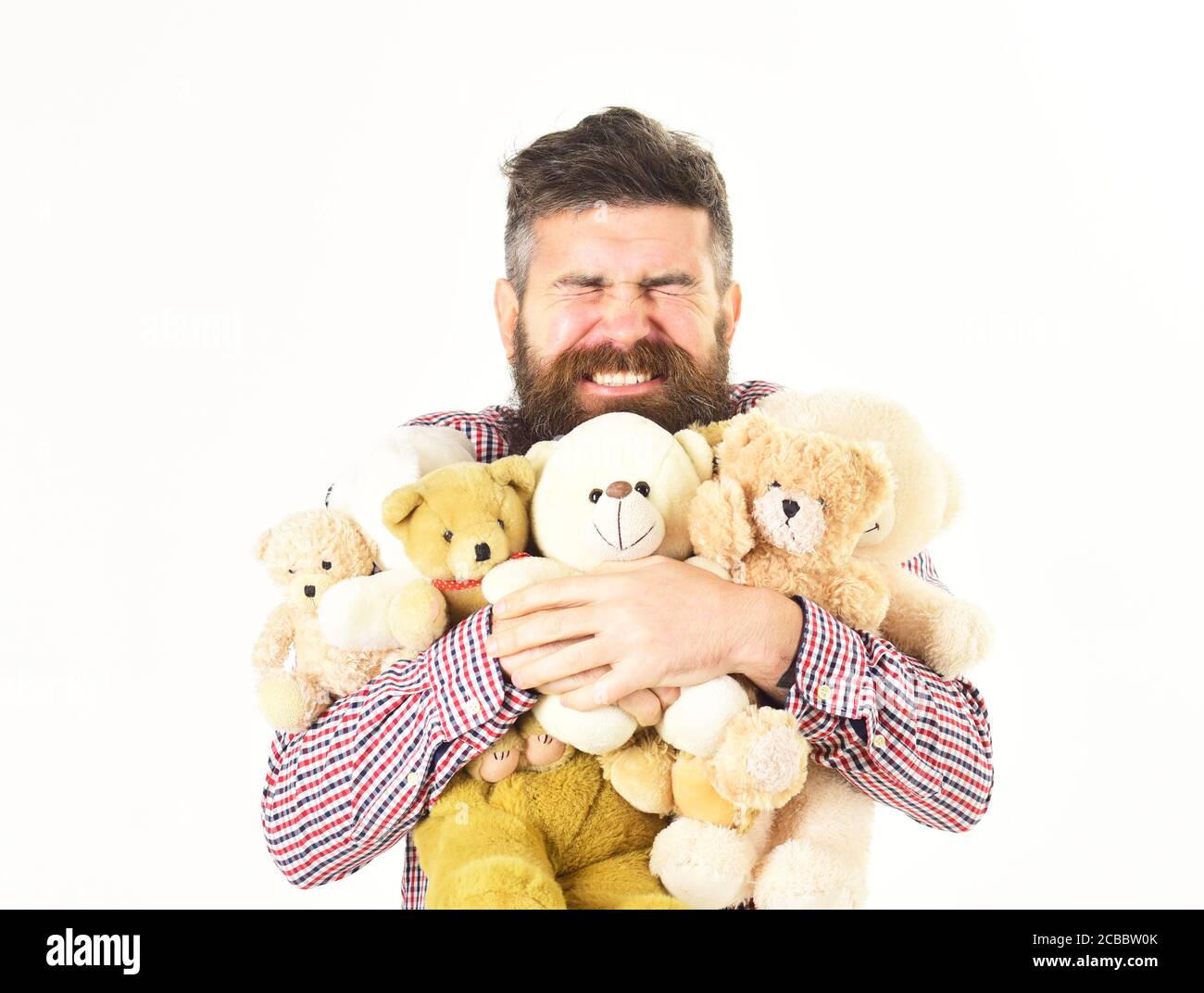 Sharing and generosity concept. Man with delighted face holds pile of ...