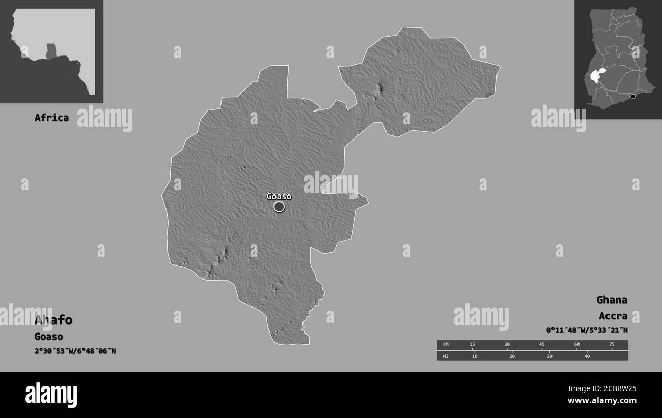 Shape of Ahafo, region of Ghana, and its capital. Distance scale ...