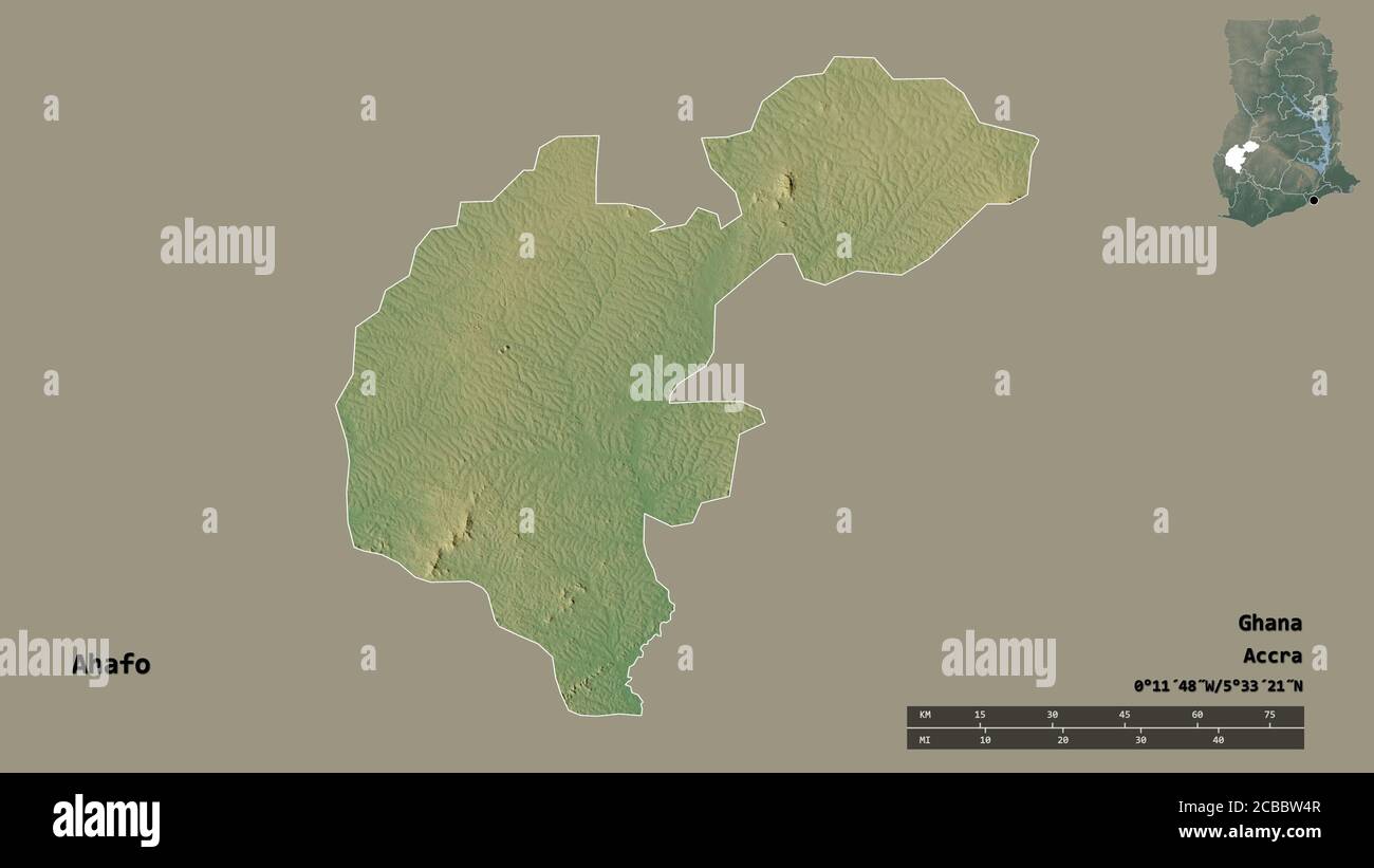 Shape of Ahafo, region of Ghana, with its capital isolated on solid ...