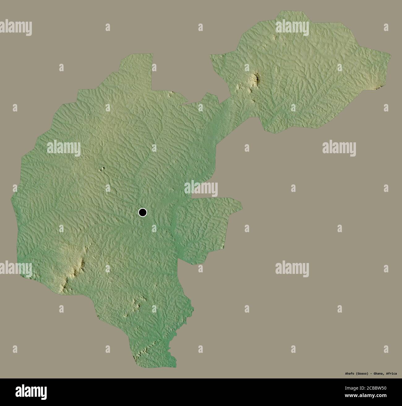 Shape of Ahafo, region of Ghana, with its capital isolated on a solid ...