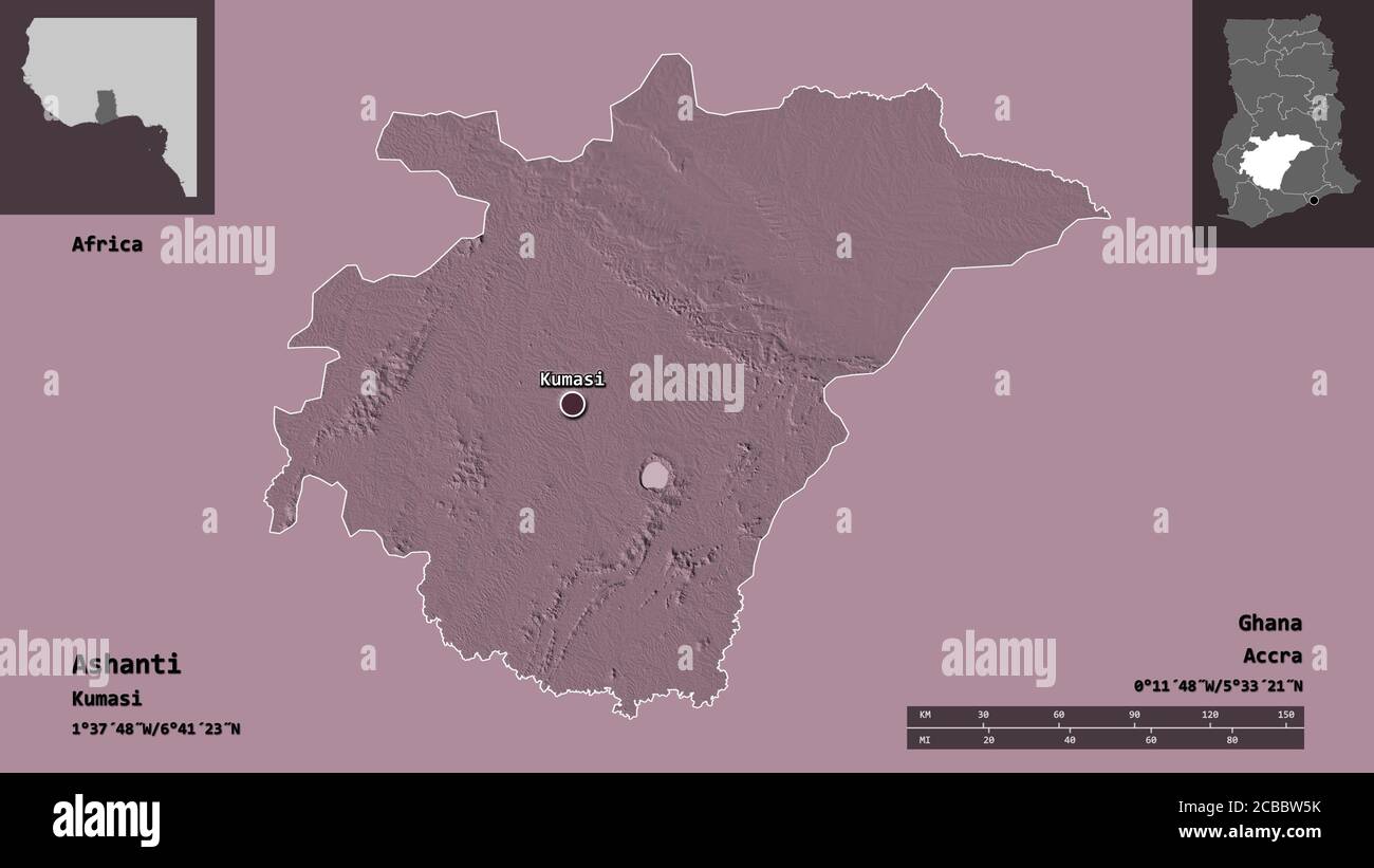 Shape of Ashanti, region of Ghana, and its capital. Distance scale ...