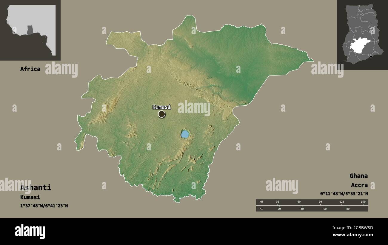 Shape of Ashanti, region of Ghana, and its capital. Distance scale ...