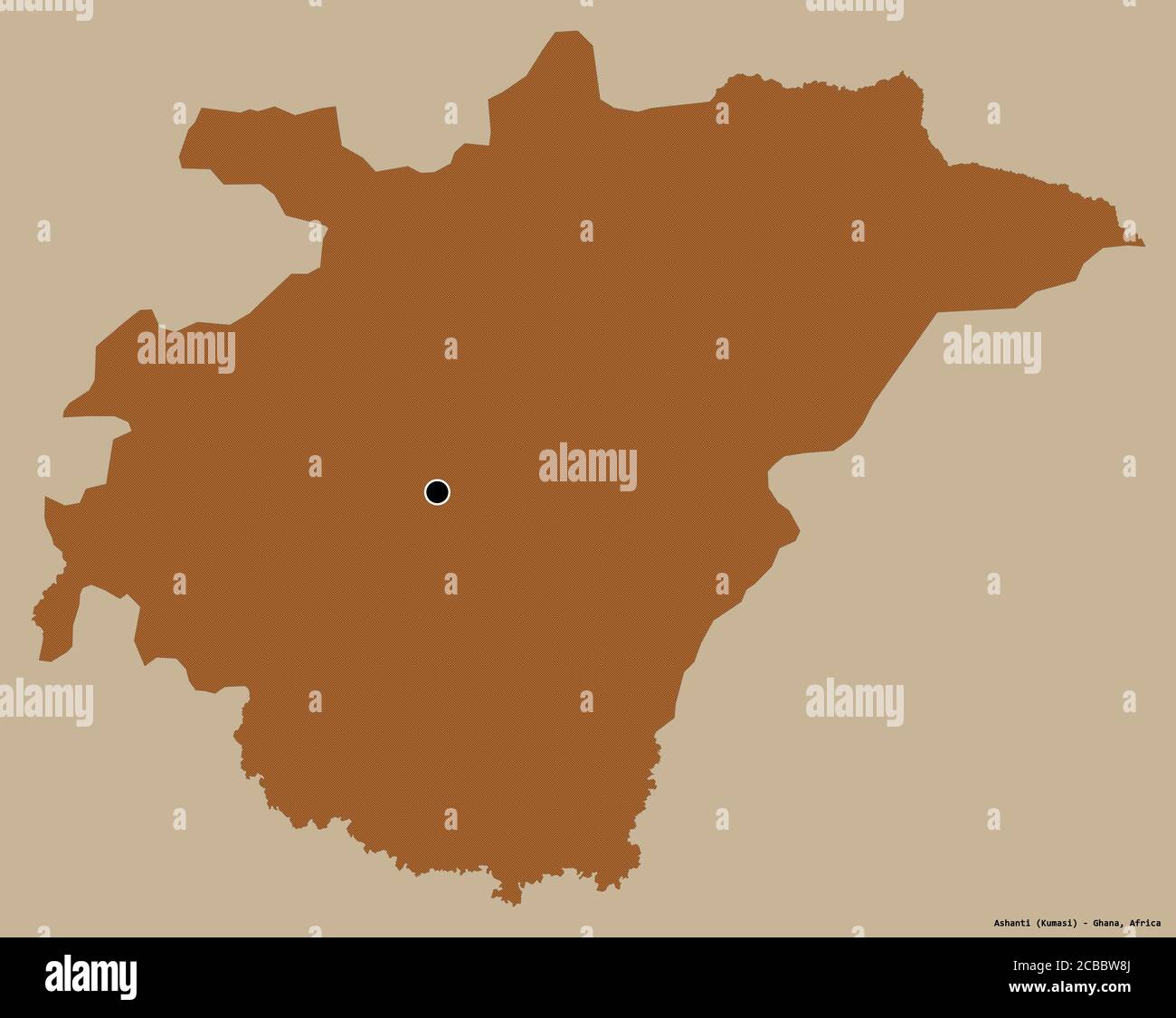 Shape of Ashanti, region of Ghana, with its capital isolated on a solid ...
