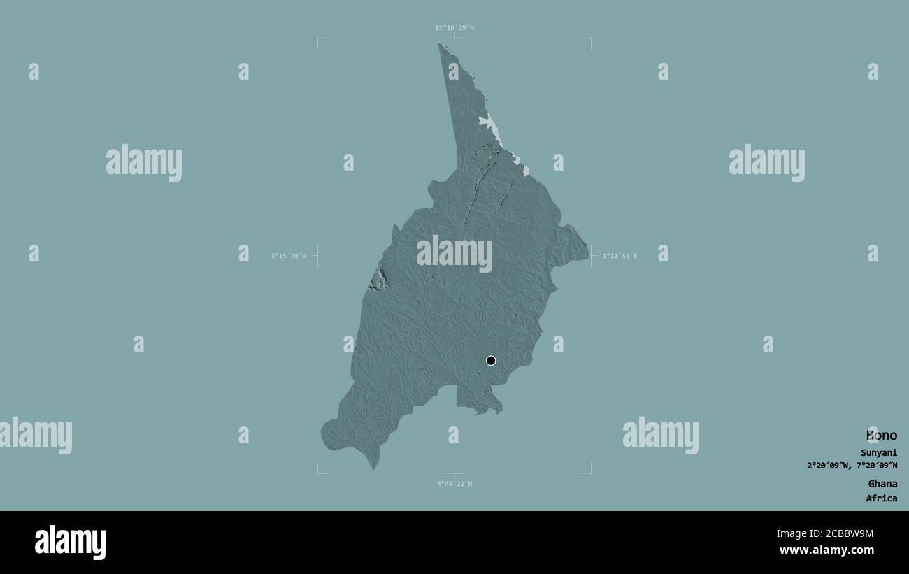 Area of Bono, region of Ghana, isolated on a solid background in a ...