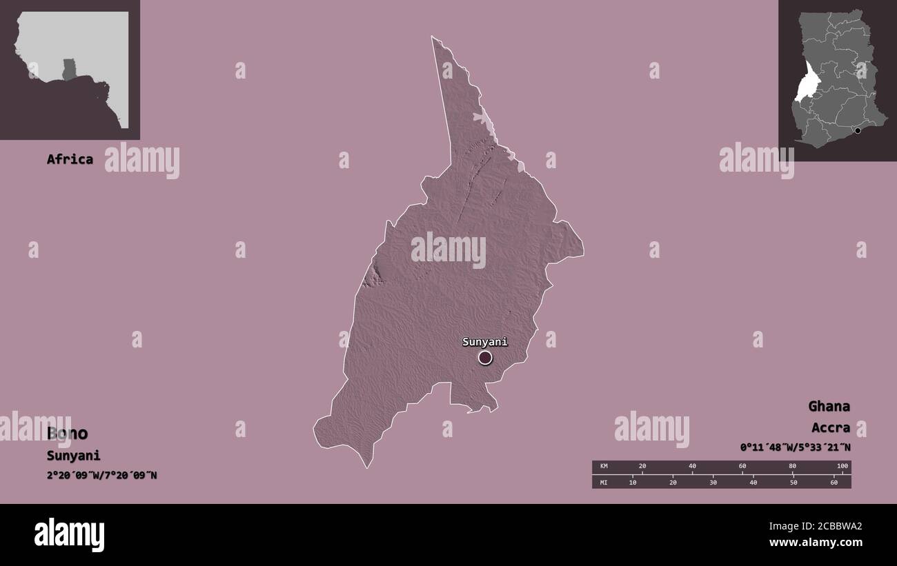 Shape of Bono, region of Ghana, and its capital. Distance scale ...
