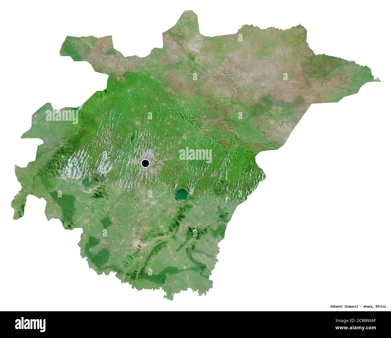 Shape of Ashanti, region of Ghana, with its capital isolated on white ...