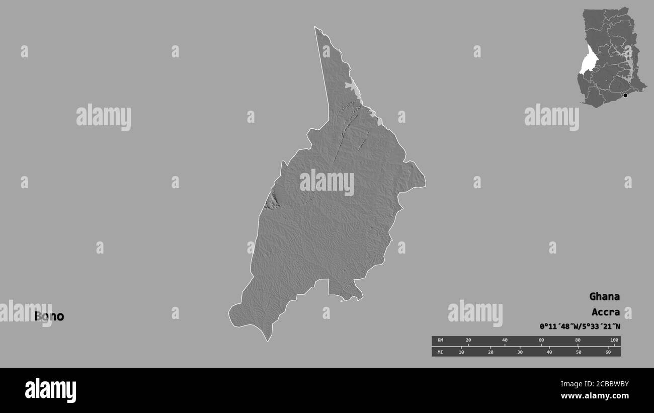 Shape of Bono, region of Ghana, with its capital isolated on solid ...