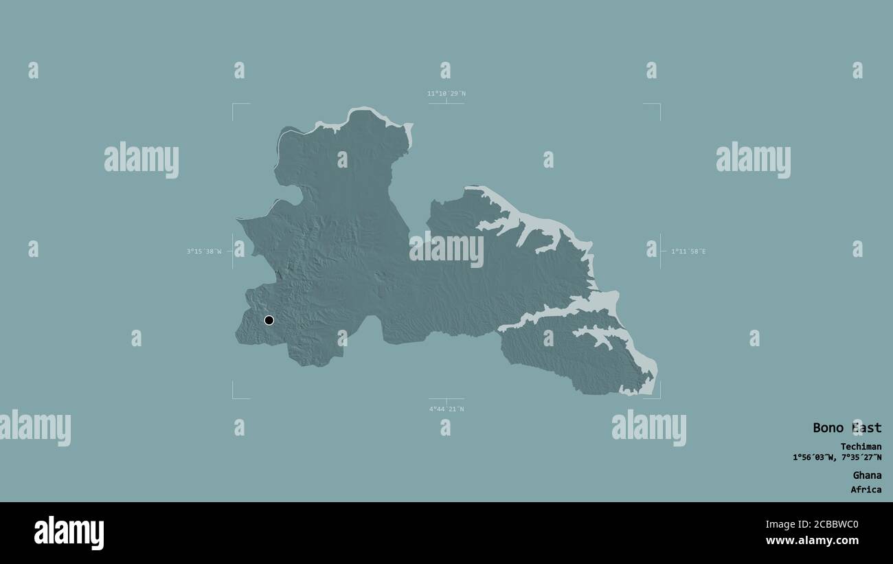 Area of Bono East, region of Ghana, isolated on a solid background in a ...