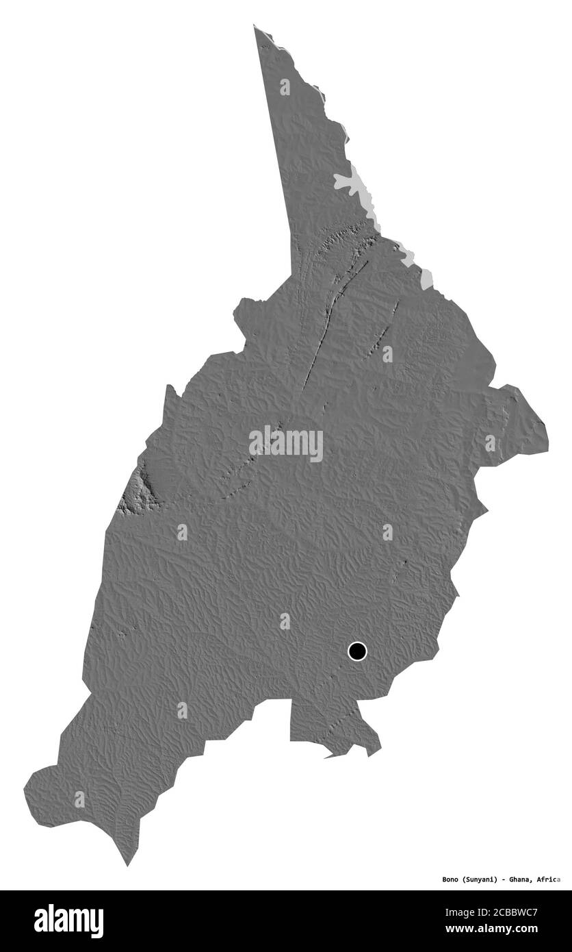Shape of Bono, region of Ghana, with its capital isolated on white ...