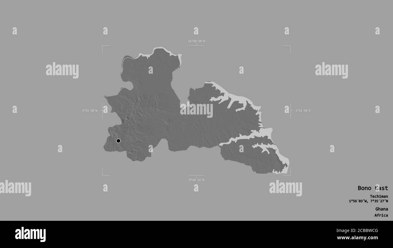 Area of Bono East, region of Ghana, isolated on a solid background in a ...